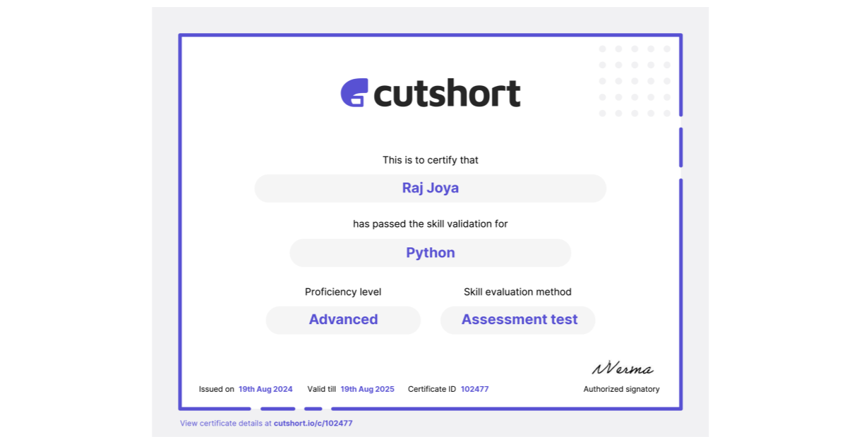 Raj's skill certificate for Python | Cutshort