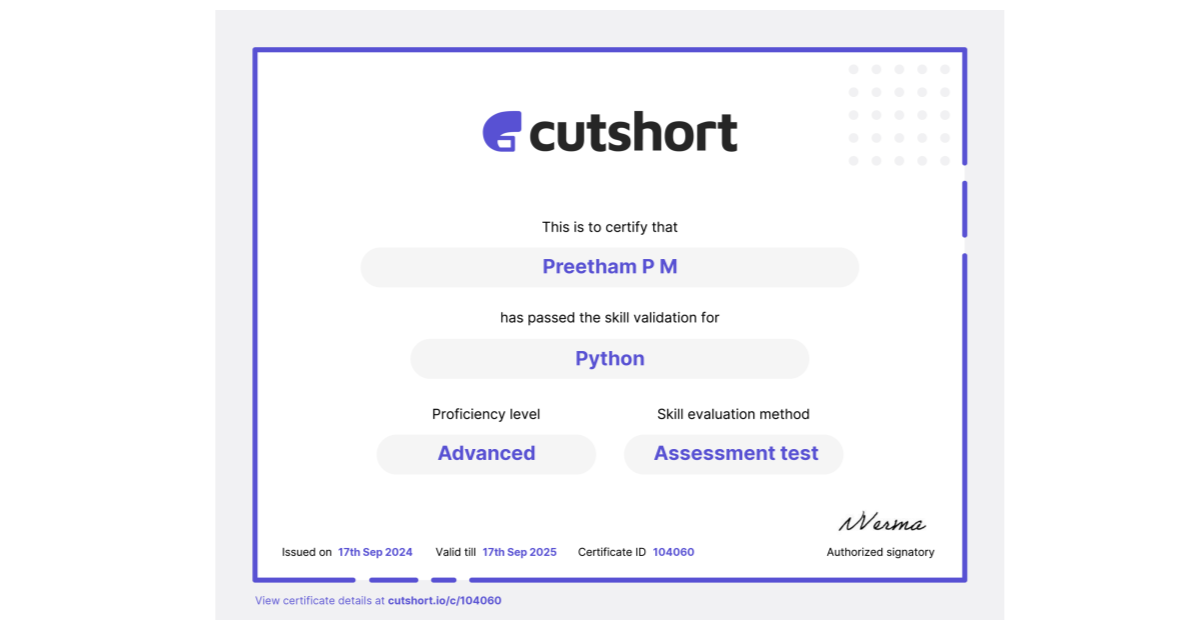 Preetham's skill certificate for Python | Cutshort