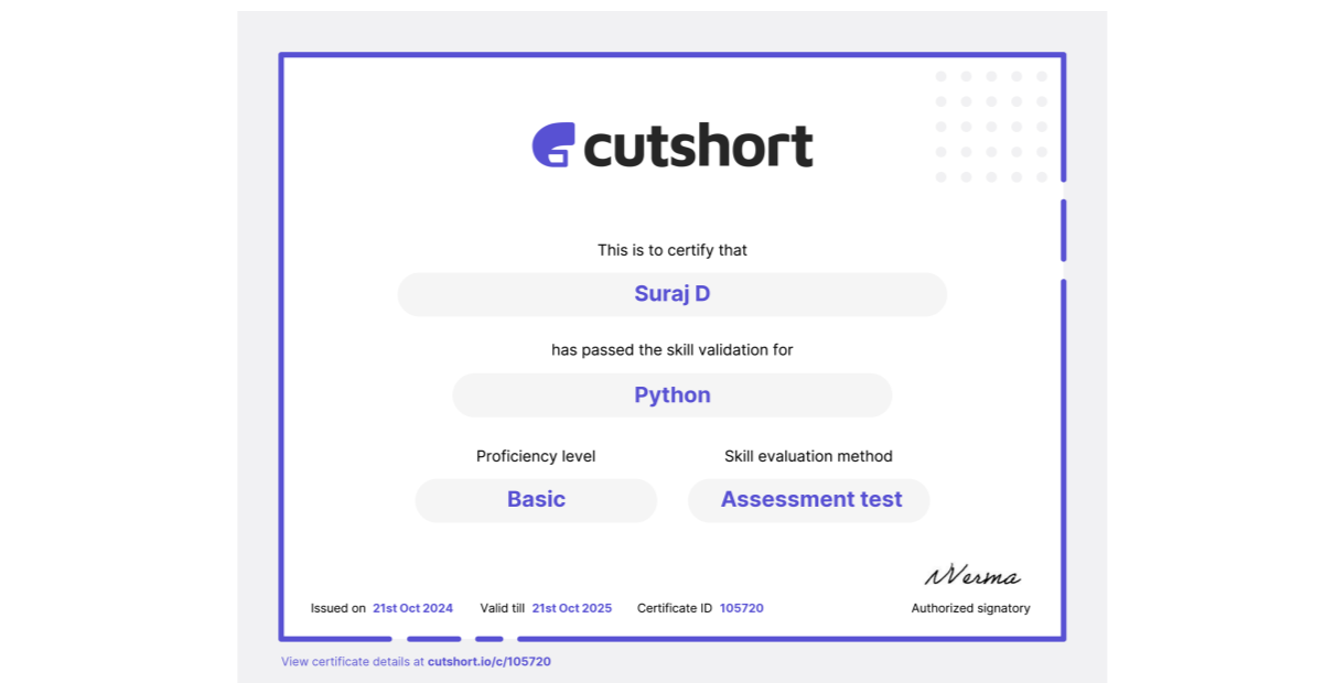Suraj's skill certificate for Python | Cutshort