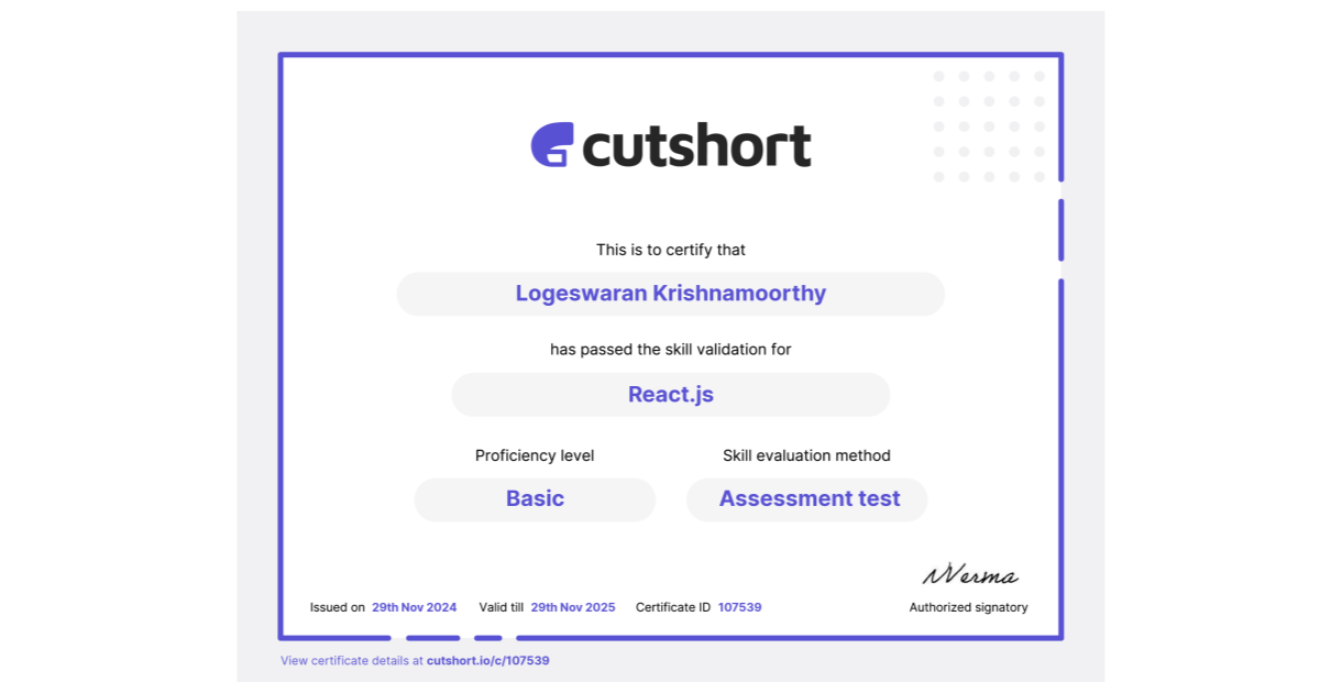 Logeswaran's skill certificate for React.js | Cutshort