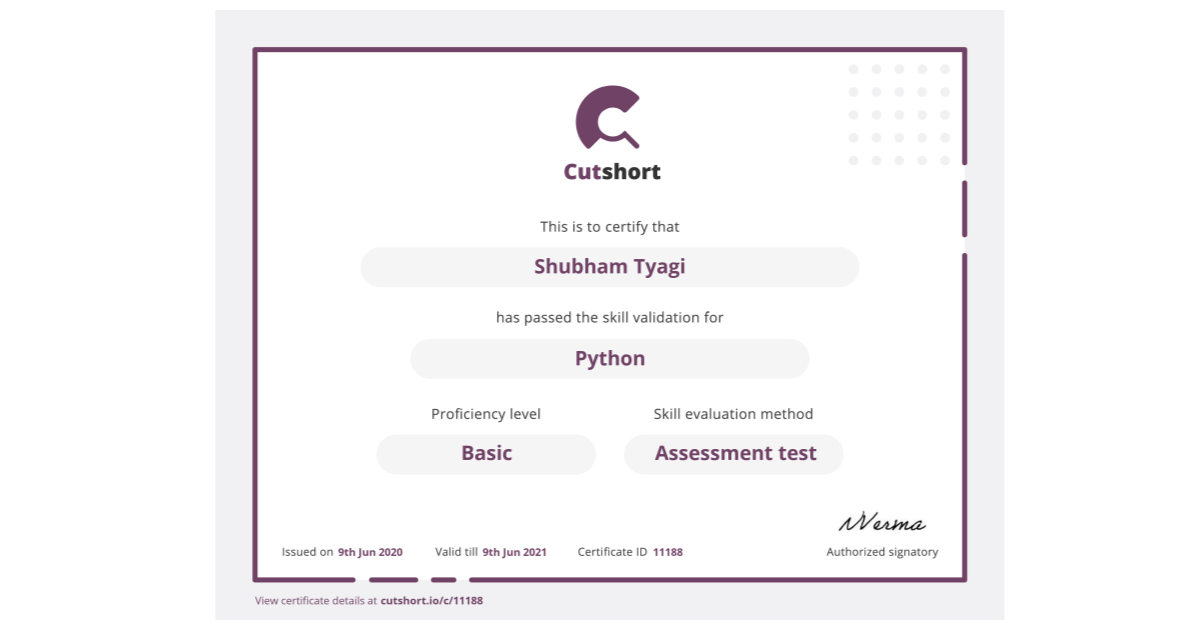Shubhams Skill Certificate For Python Cutshort 2377