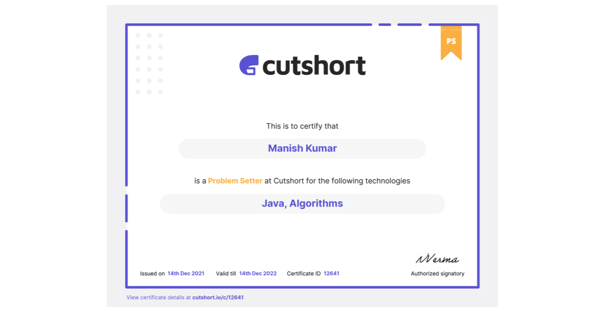 Manish's problem setter certificate