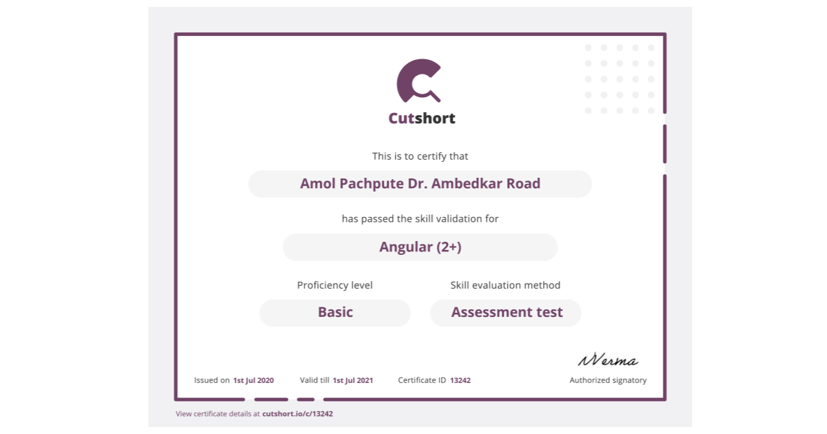Amol's skill certificate for Angular (2+) | Cutshort