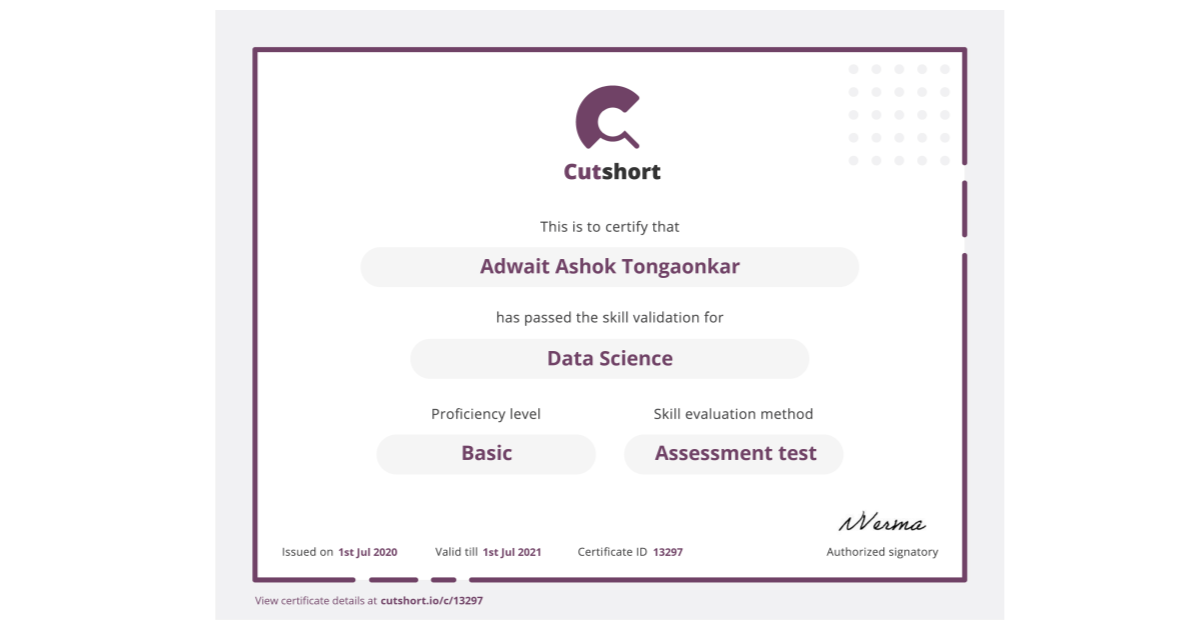 Adwait's skill certificate for Data Science | Cutshort
