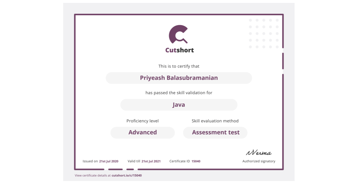 Priyeash's skill certificate for Java | Cutshort