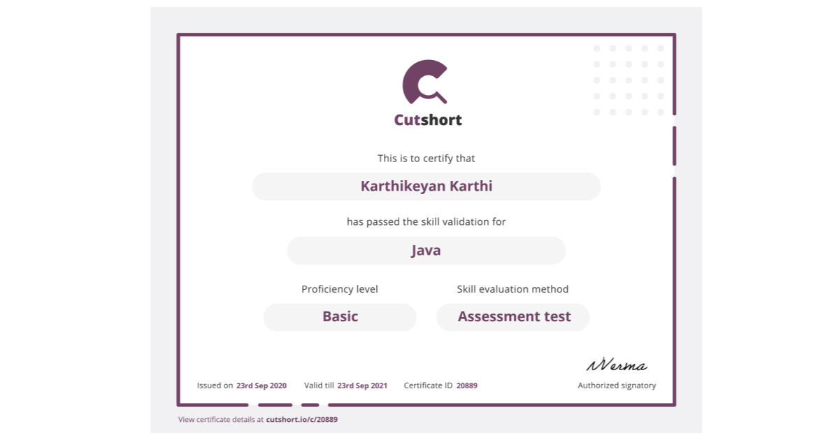Karthikeyan's skill certificate for Java | Cutshort