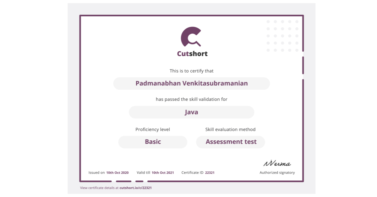 Padmanabhan's skill certificate for Java | Cutshort