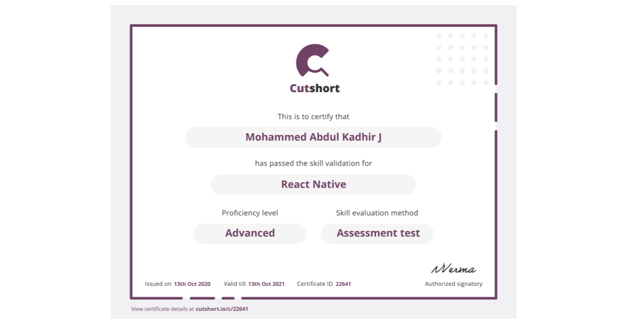Mohammed's skill certificate for React Native | Cutshort