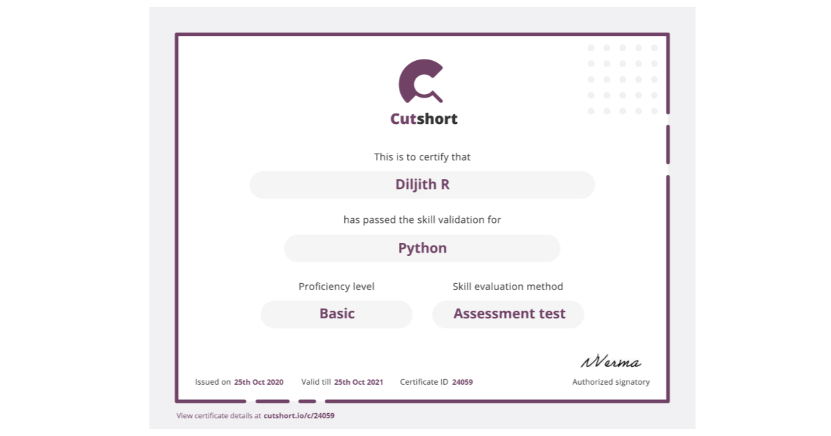 Diljiths Skill Certificate For Python Cutshort 6447