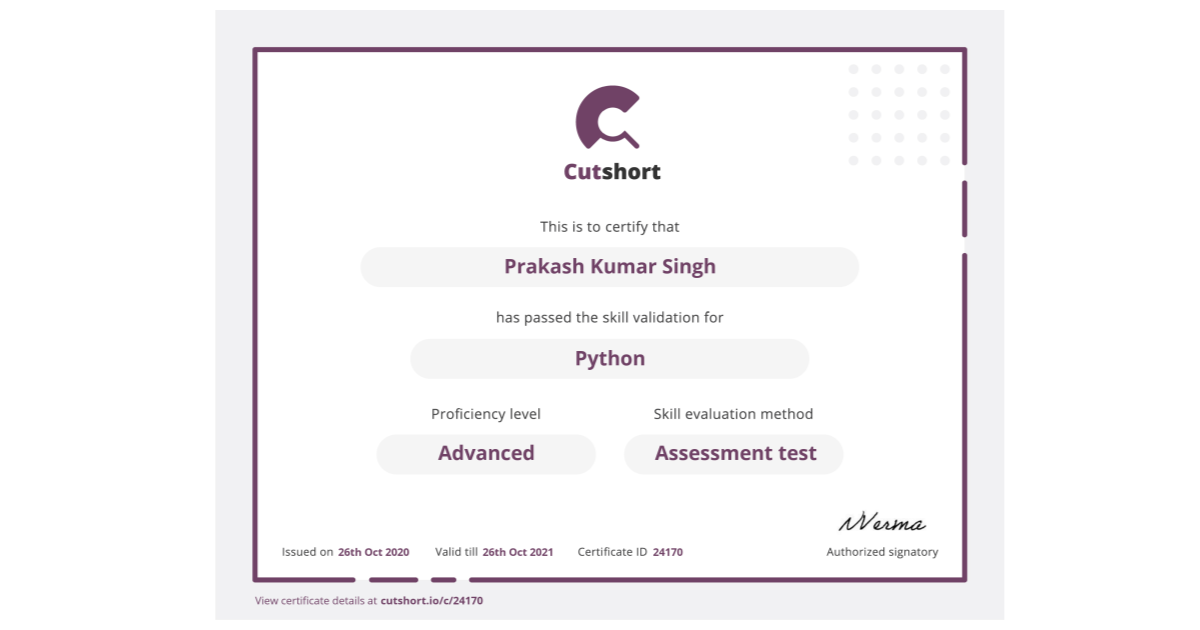 Prakash's skill certificate for Python | Cutshort