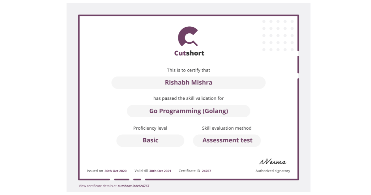 Rishabh's skill certificate for Go Programming (Golang) | Cutshort