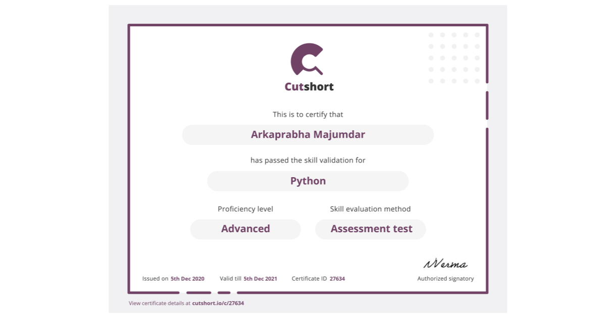 Arkaprabha's skill certificate for Python | Cutshort