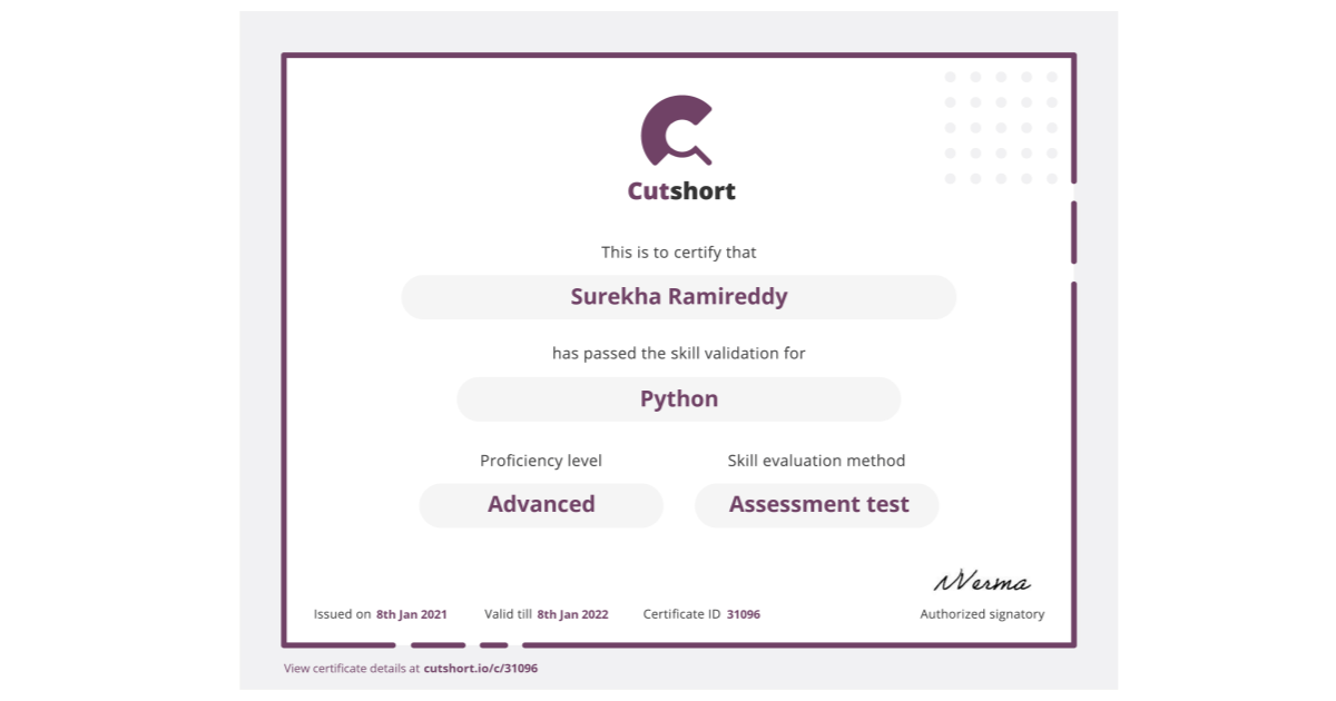 Surekha's skill certificate for Python | Cutshort