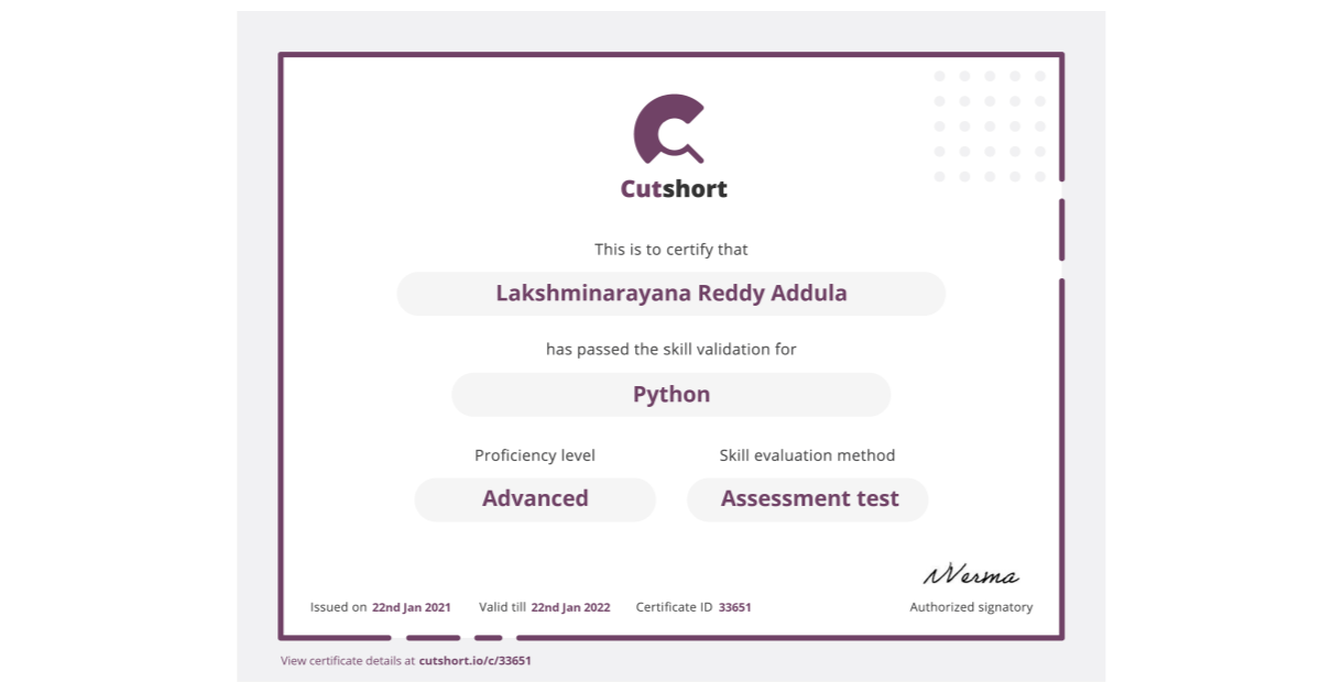 Lakshminarayana's skill certificate for Python | Cutshort