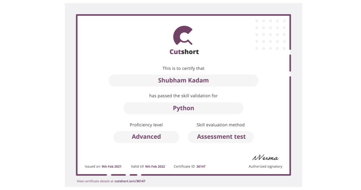 Shubhams Skill Certificate For Python Cutshort 7899