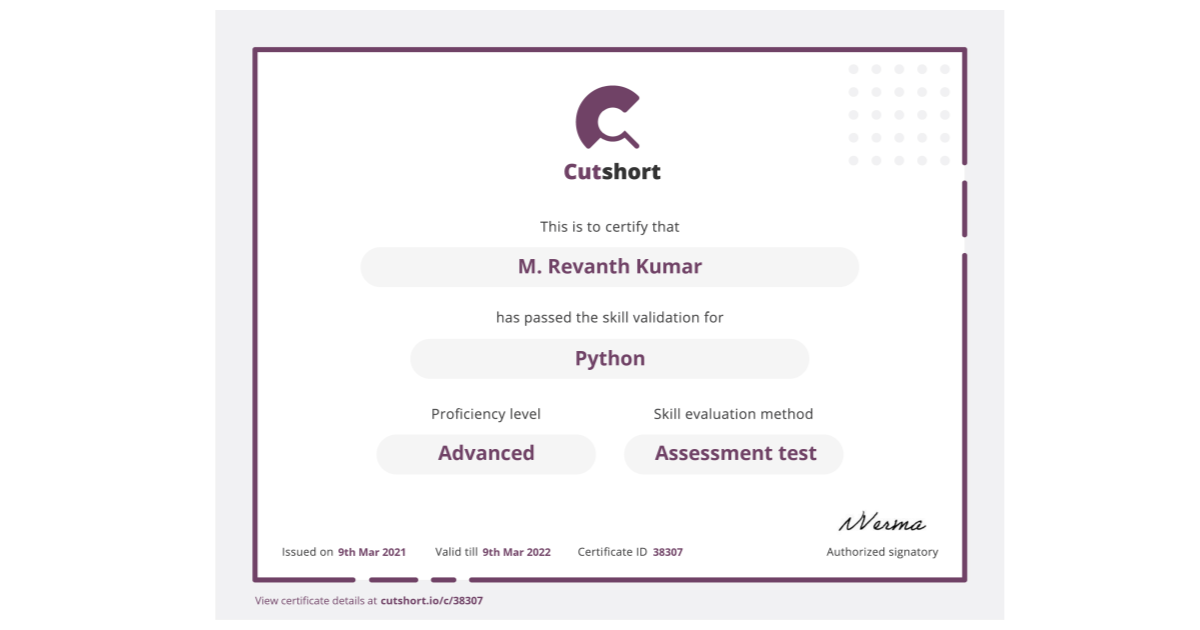 M's skill certificate for Python | Cutshort