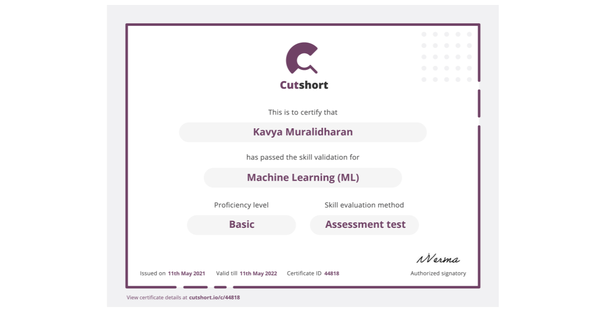 Kavya's skill certificate for Machine Learning (ML) | Cutshort