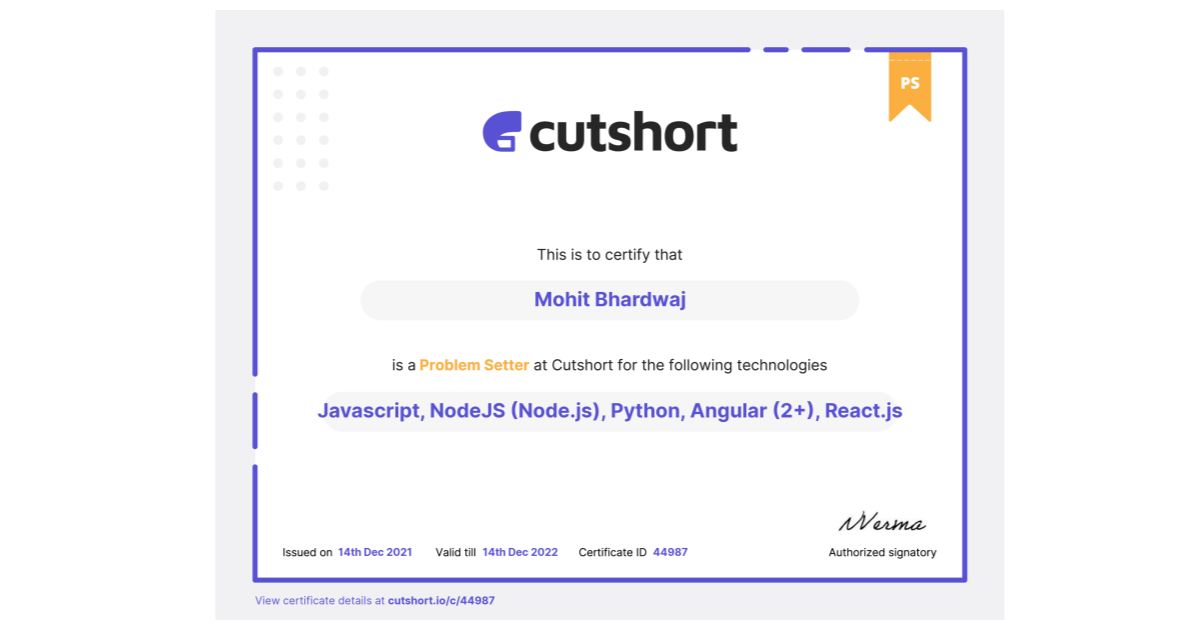 Mohit's problem setter certificate