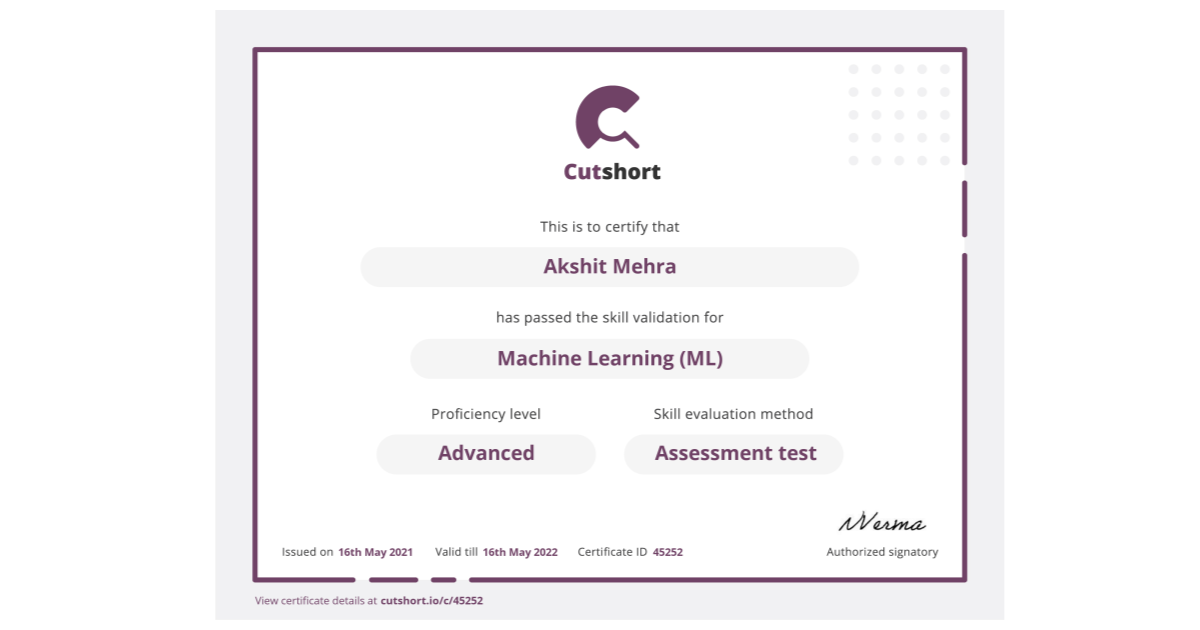 Akshit's skill certificate for Machine Learning (ML) | Cutshort