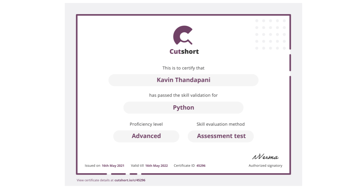 Kavin's skill certificate for Python | Cutshort