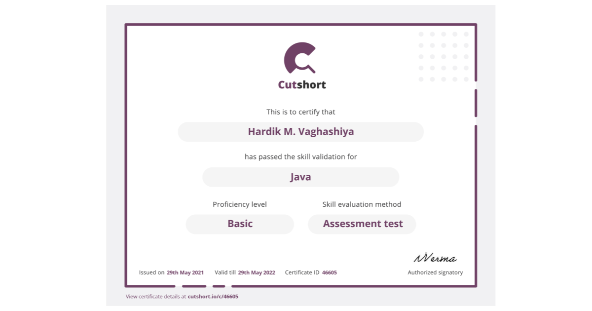 Hardik's skill certificate for Java | Cutshort