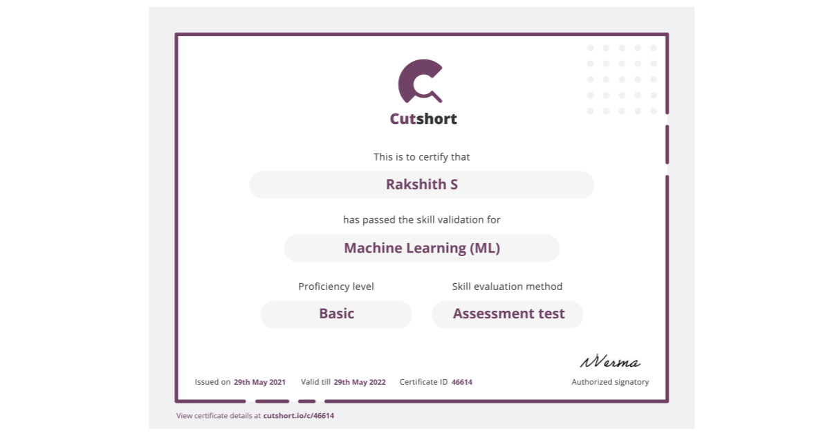 Rakshith's skill certificate for Machine Learning (ML) | Cutshort