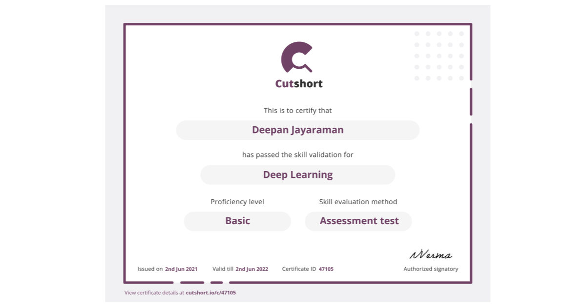 Deepan's skill certificate for Deep Learning | Cutshort