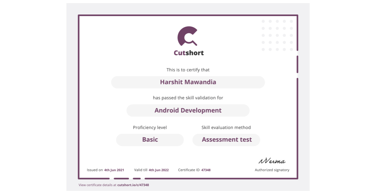 Harshit's skill certificate for Android Development | Cutshort