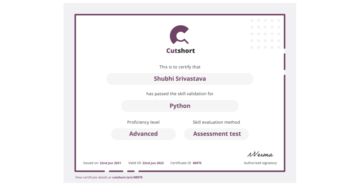 Shubhis Skill Certificate For Python Cutshort 2651