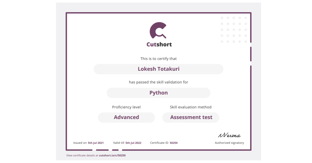 Lokesh's skill certificate for Python | Cutshort