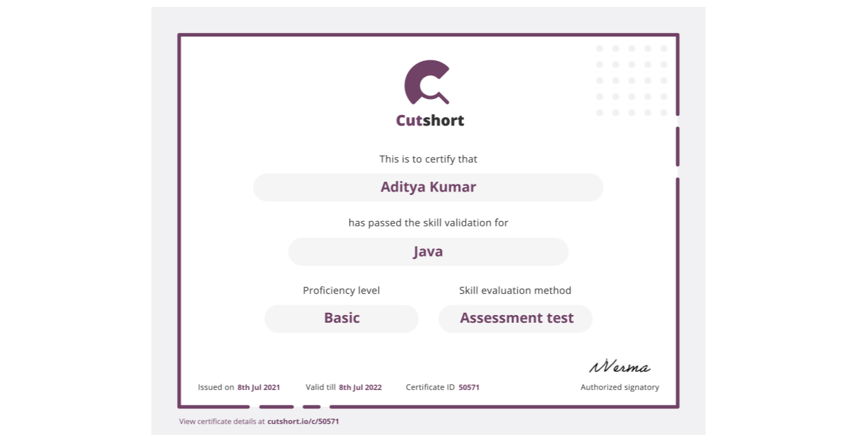 Aditya's skill certificate for Java | Cutshort