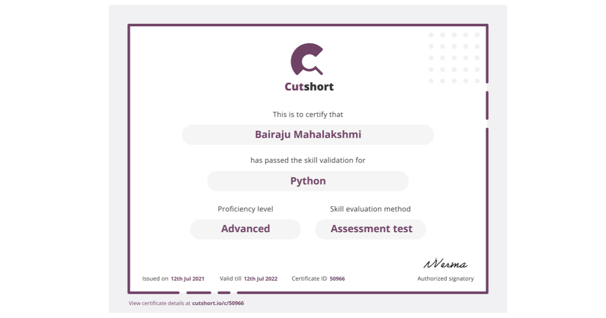 Mahalakshmi's skill certificate for Python | Cutshort