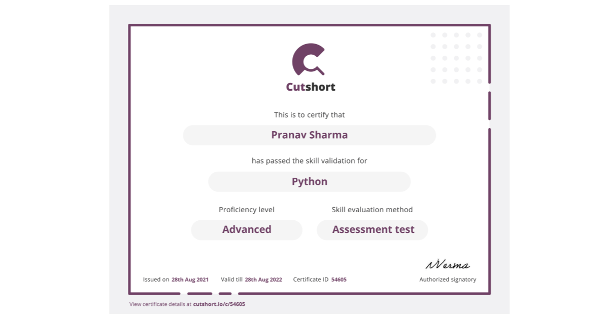 Pranav's skill certificate for Python | Cutshort