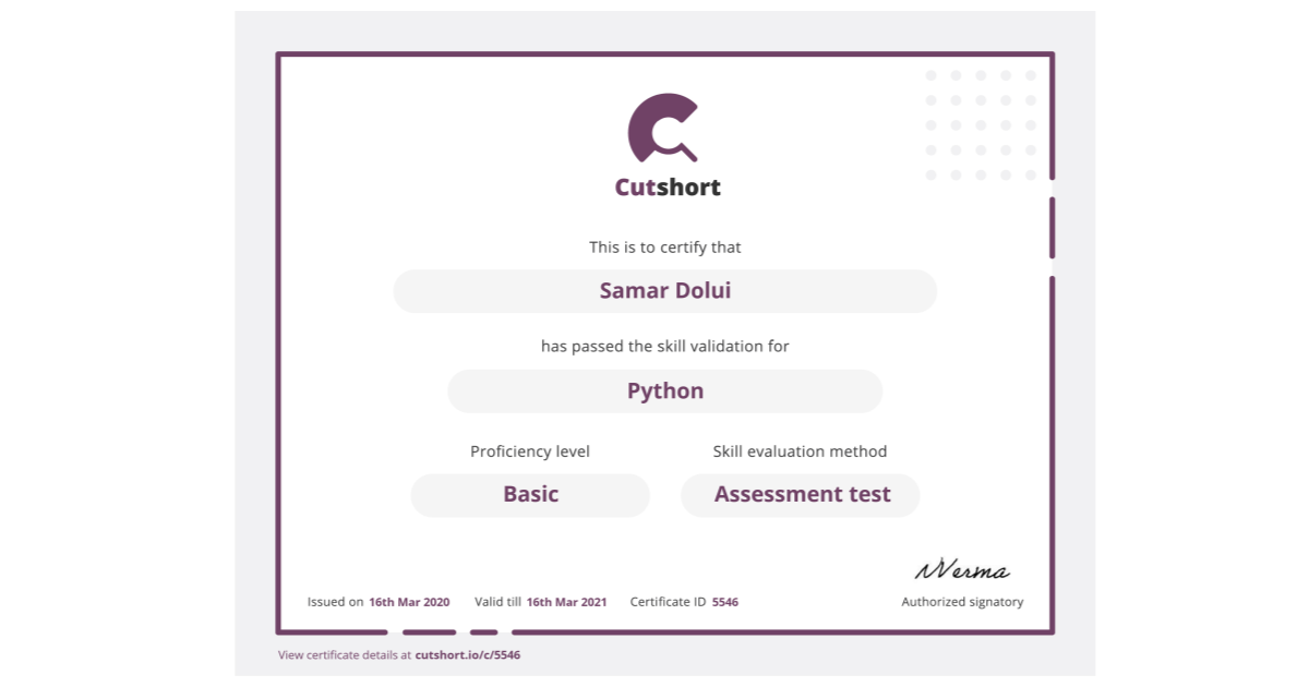 Samar's skill certificate for Python | Cutshort