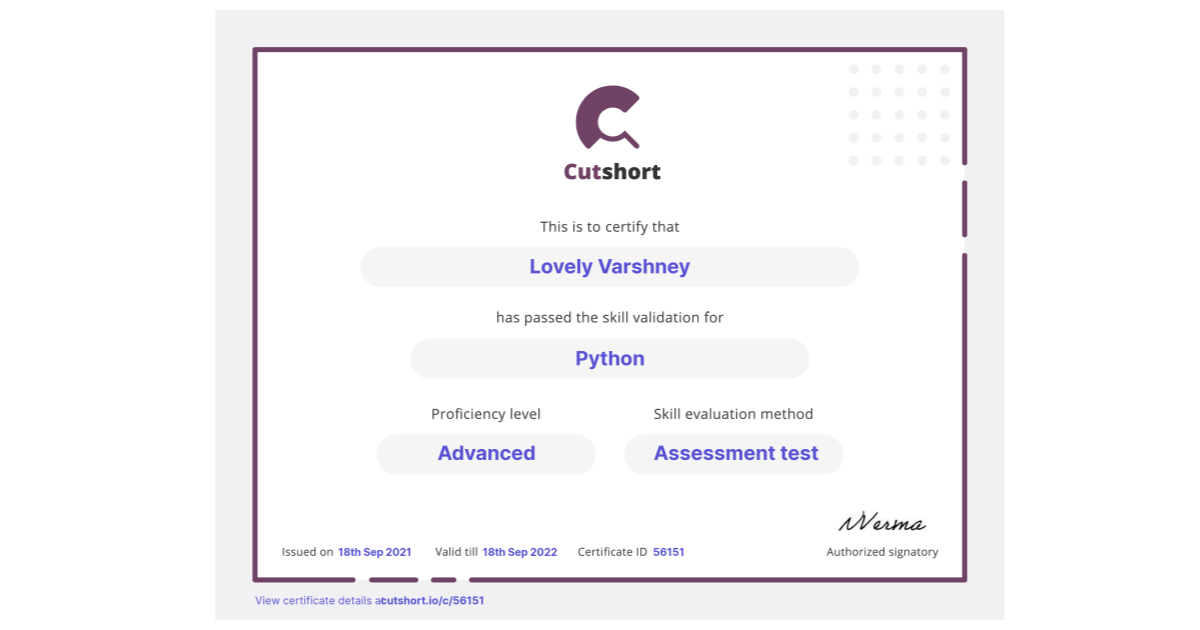Lovelys Skill Certificate For Python Cutshort 7251