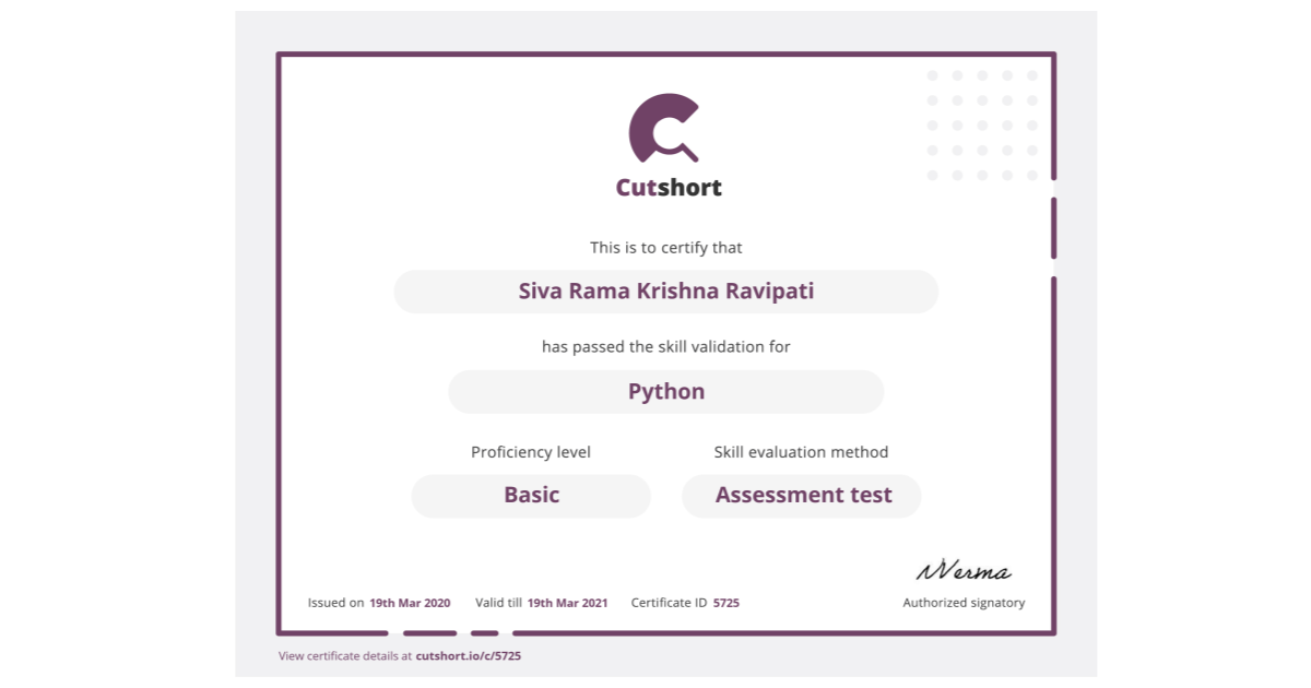 Ravi's skill certificate for Python | Cutshort