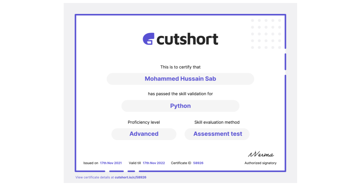 Mohammed's skill certificate for Python | Cutshort