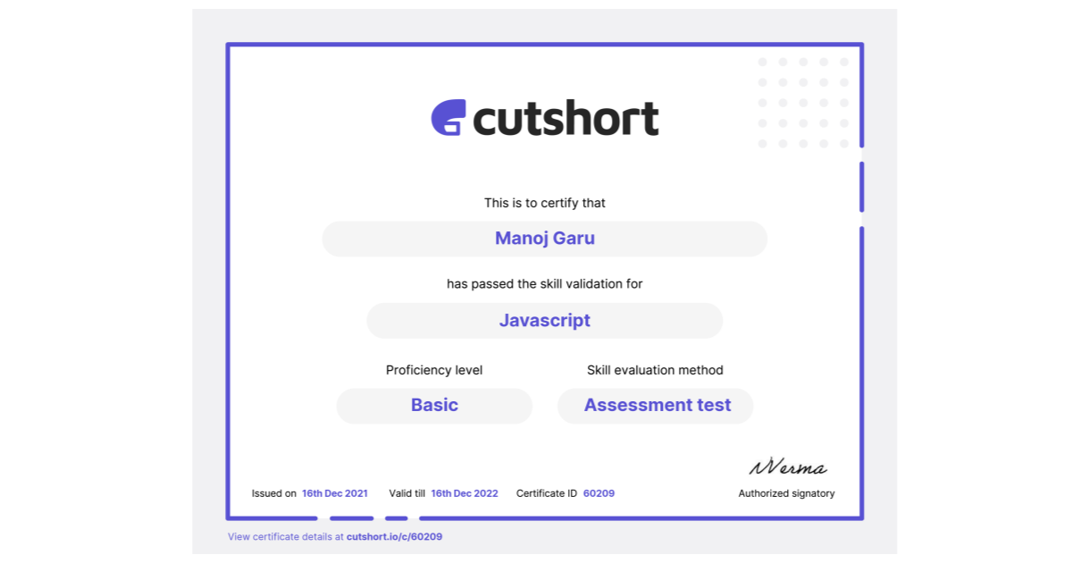 Manoj's skill certificate for Javascript | Cutshort