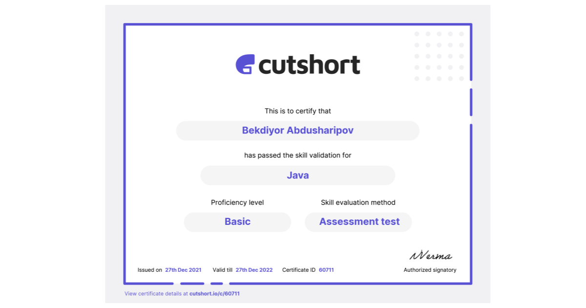 Bekdiyor's skill certificate for Java | Cutshort