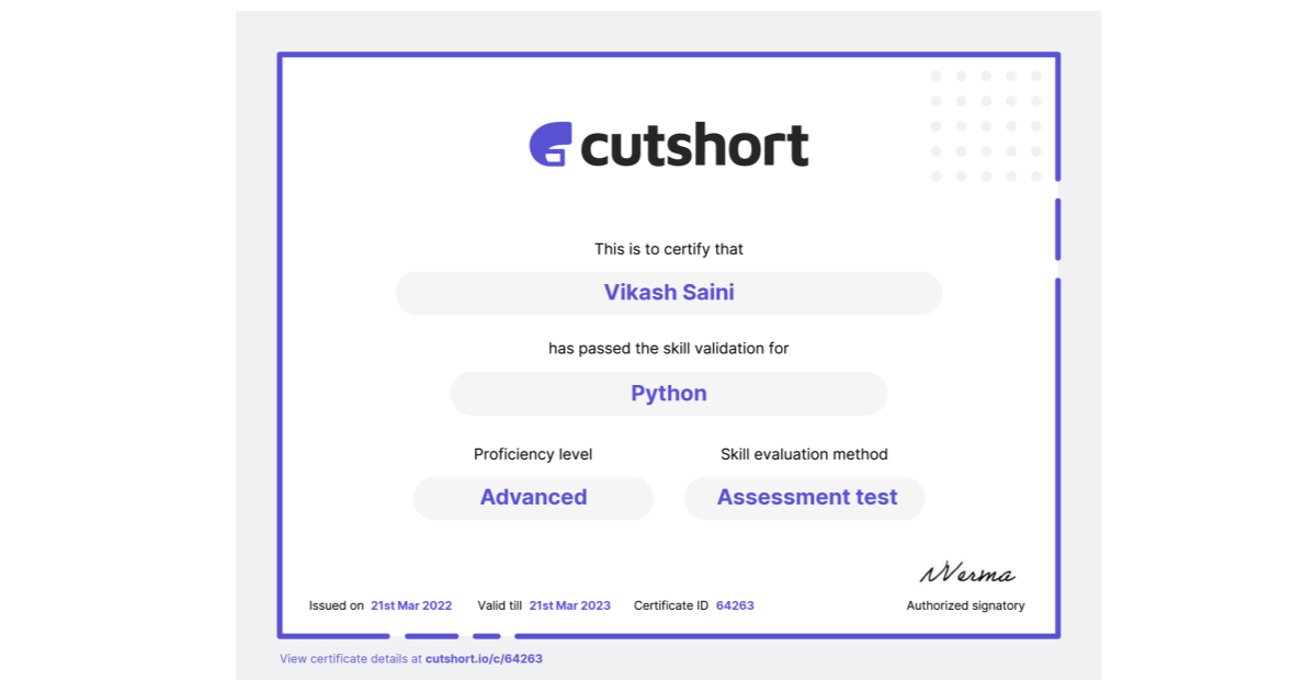 Vikash's skill certificate for Python | Cutshort