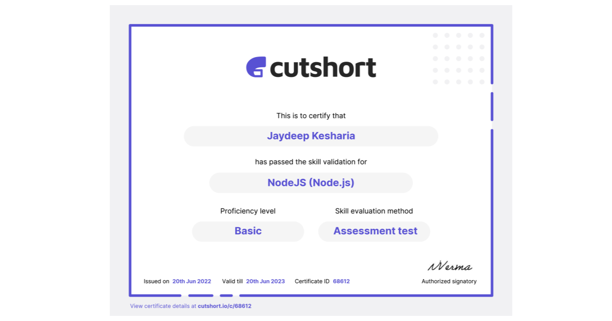 Jaydeep's skill certificate for NodeJS (Node.js) | Cutshort