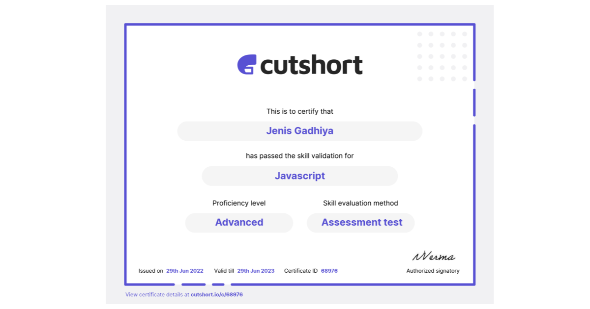 Jenis's skill certificate for Javascript | Cutshort