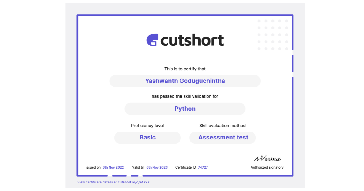 Yashwanth's skill certificate for Python | Cutshort