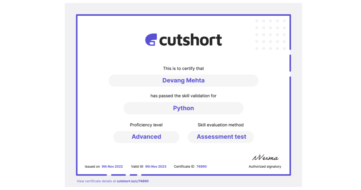 Devang's skill certificate for Python | Cutshort