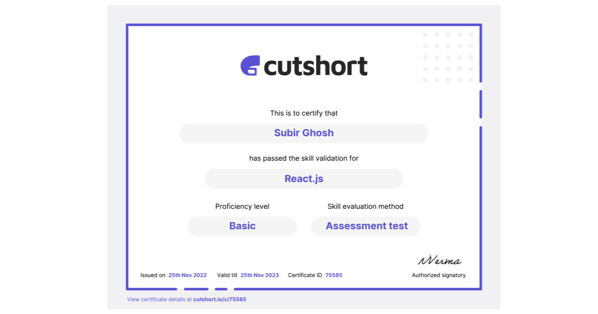 Subir's skill certificate for React.js | Cutshort