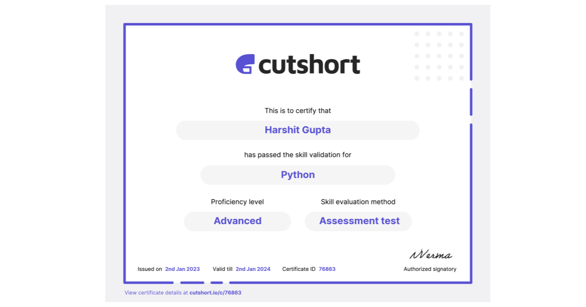 Harshit's skill certificate for Python | Cutshort