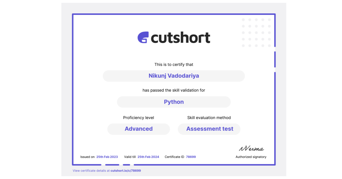 Nikunj's skill certificate for Python | Cutshort
