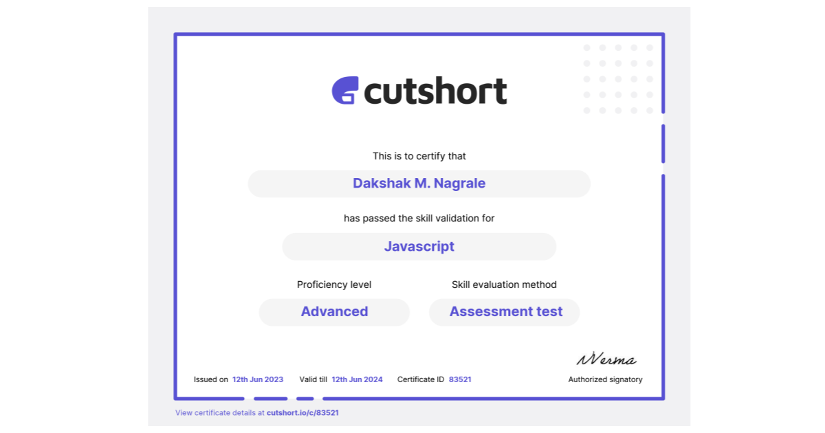 Dakshak's skill certificate for Javascript | Cutshort