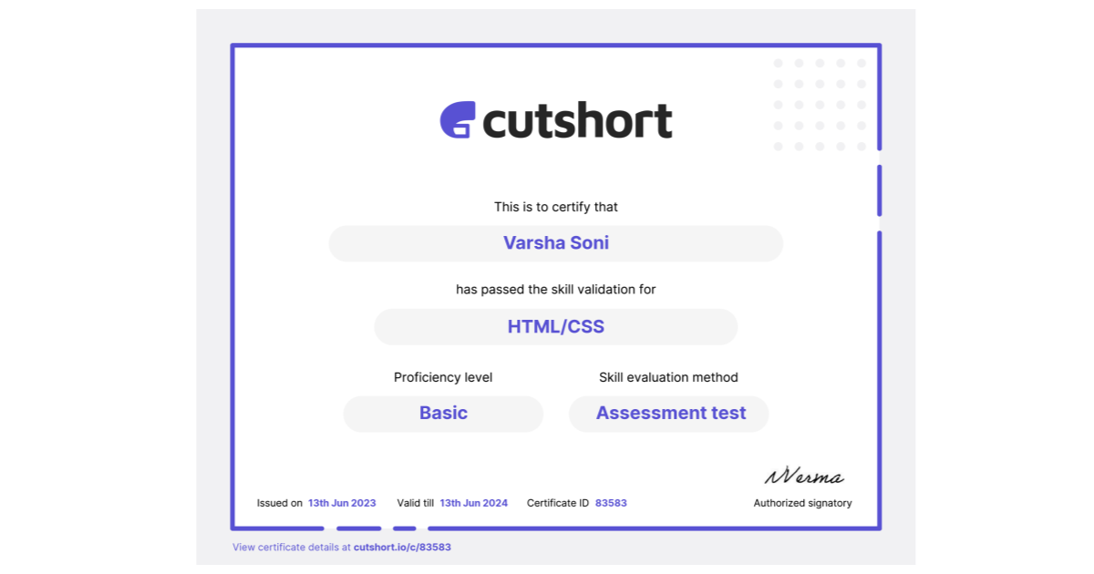 Varsha's skill certificate for HTML/CSS | Cutshort
