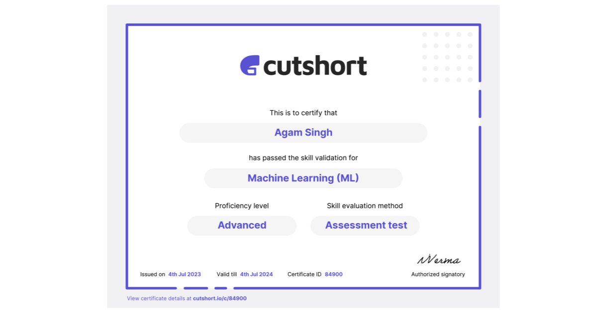 Agam's skill certificate for Machine Learning (ML) | Cutshort